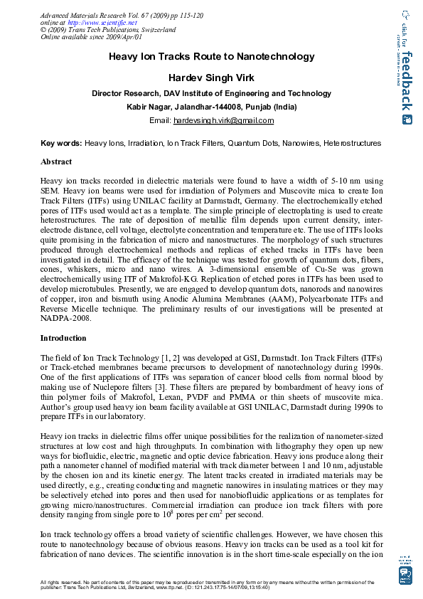 (PDF) Heavy Ion track Route to Nanotechnology