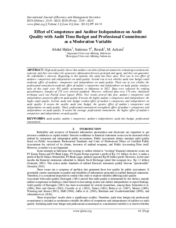 (PDF) Effect of Competence and Auditor Independence on Audit Quality with Audit Time Budget and ...