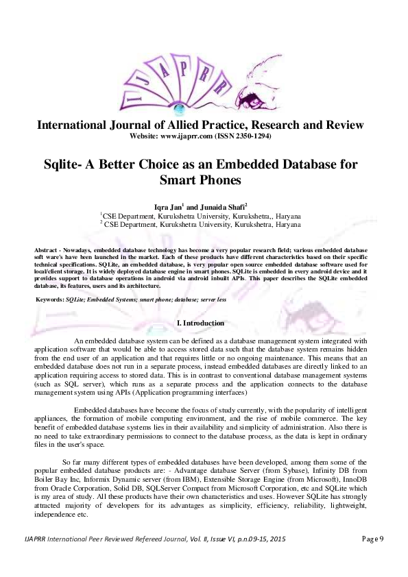 (PDF) Sqlite- A Better Choice as an Embedded Database for Smart Phones