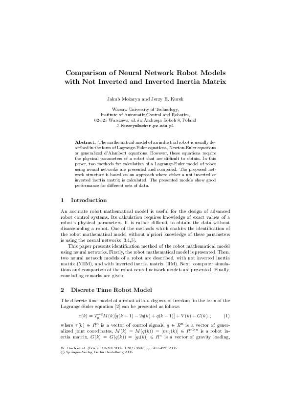 Comparison Of Neural Network Robot Models With Not Inverted And Inverted Inertia Matrix