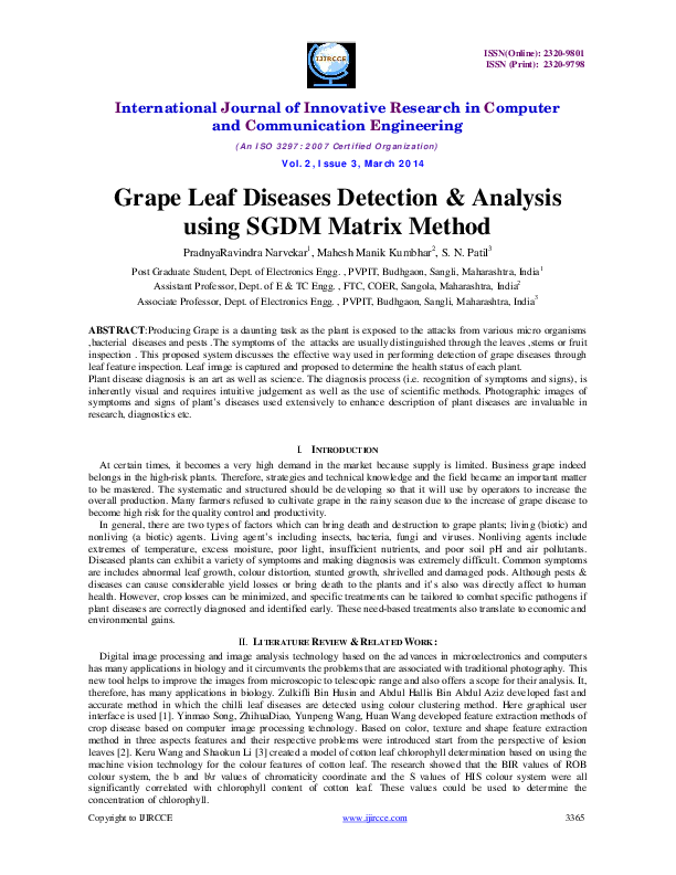 (PDF) Grape Leaf Diseases Detection & Analysis using SGDM Matrix Method