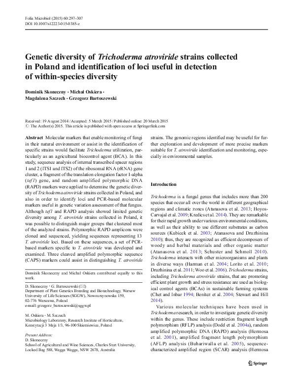 (PDF) Genetic diversity of Trichoderma atroviride strains collected in Poland and identification ...