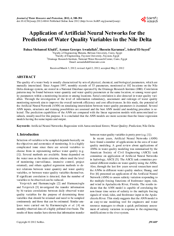 (PDF) Application of Artificial Neural Networks for the Prediction of Water Quality Variables in ...