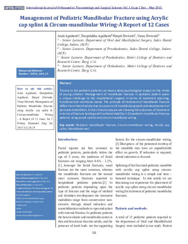 (PDF) Management of Pediatric Mandibular Fracture using Acrylic cap ...