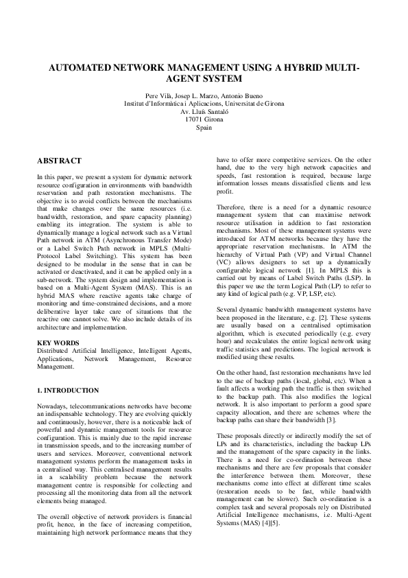 Pdf Automated Network Management Using A Hybrid Multi Agent System