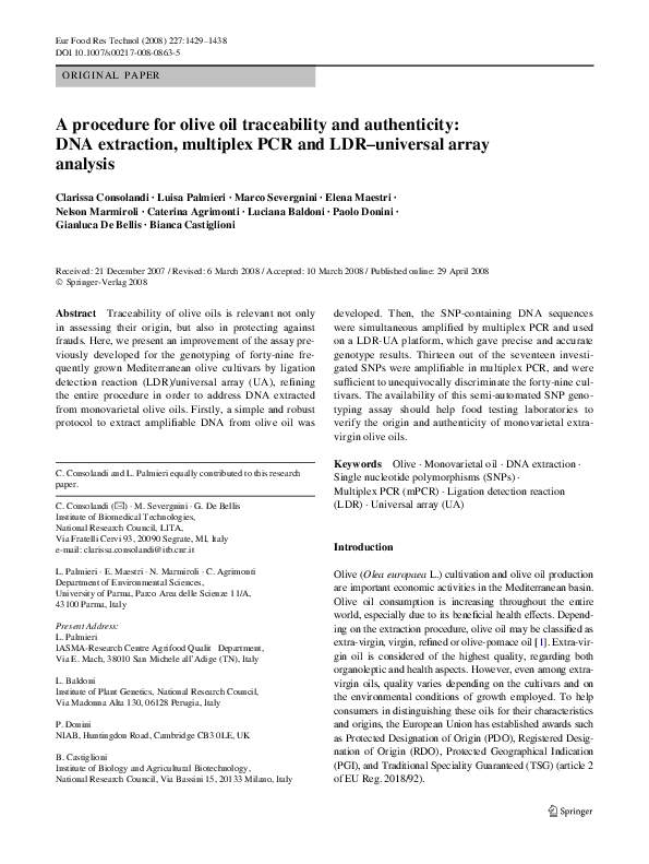 (PDF) A procedure for olive oil traceability and authenticity: DNA extraction, multiplex PCR and ...
