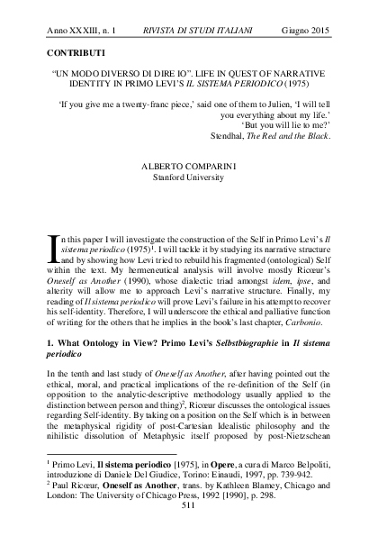 "Un modo diverso di dire io". Life in Quest of Narrative in Primo Levi ...