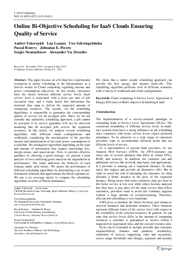 (PDF) Online Bi-Objective Scheduling for IaaS Clouds Ensuring Quality of Service