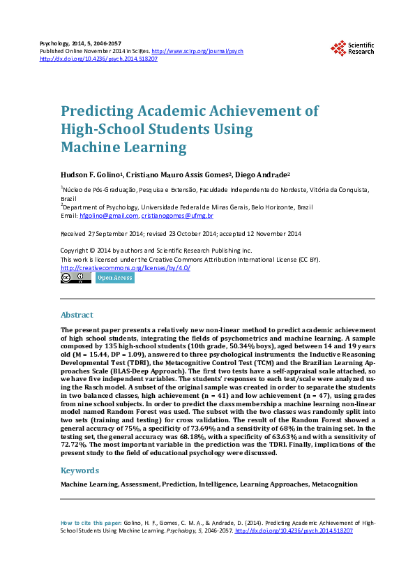 (PDF) Predicting Academic Achievement of High-School Students Using ...