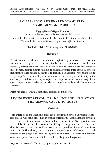 (PDF) Palabras vivas de una lengua muerta. Legado arawak - caquetio