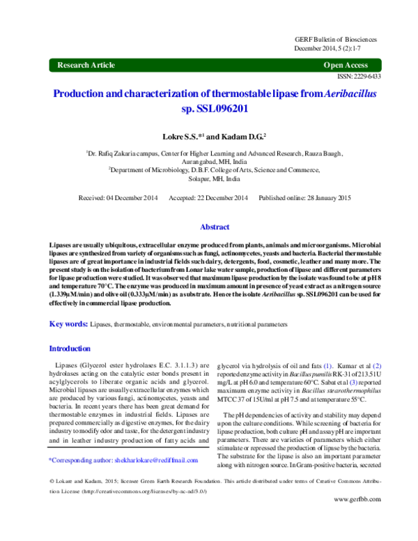 (PDF) Production and characterization of thermostable lipase from Aeribacillus sp. SSL096201