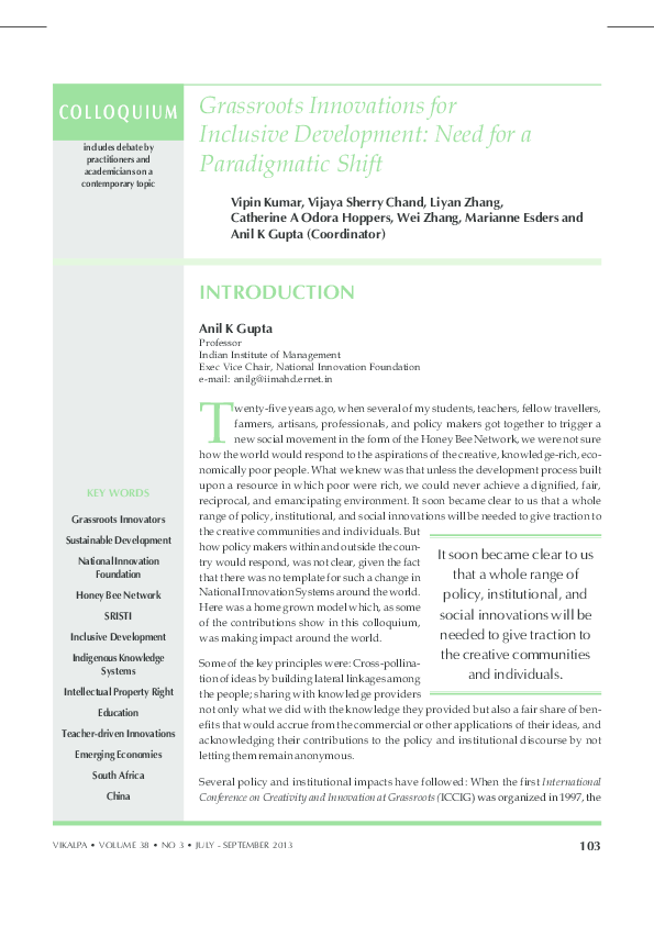 (PDF) Grassroots Innovations for Inclusive Development: Need for a ...