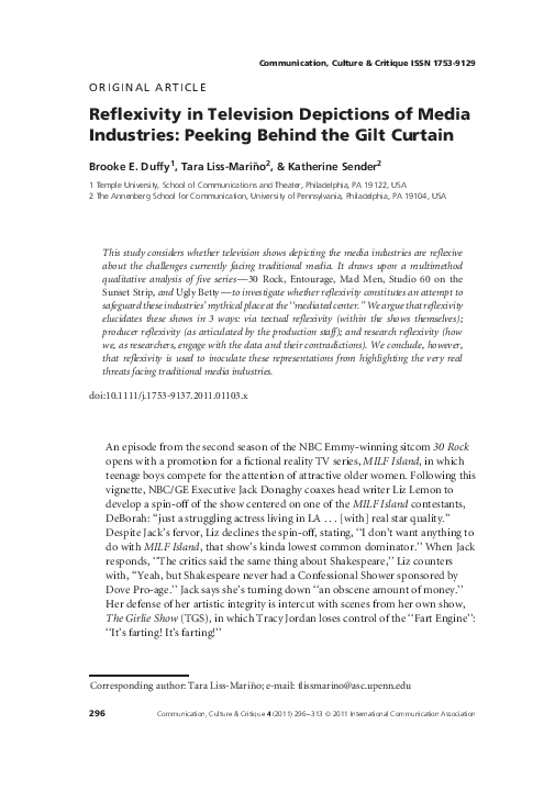 (PDF) Reflexivity in Television Depictions of Media Industries: Peeking ...