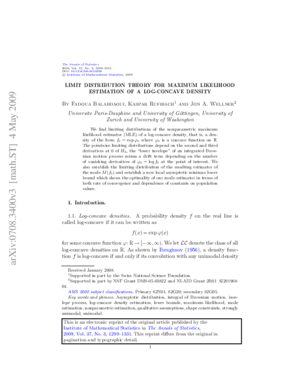 (PDF) Limit distribution theory for maximum likelihood estimation of a log-concave density ...
