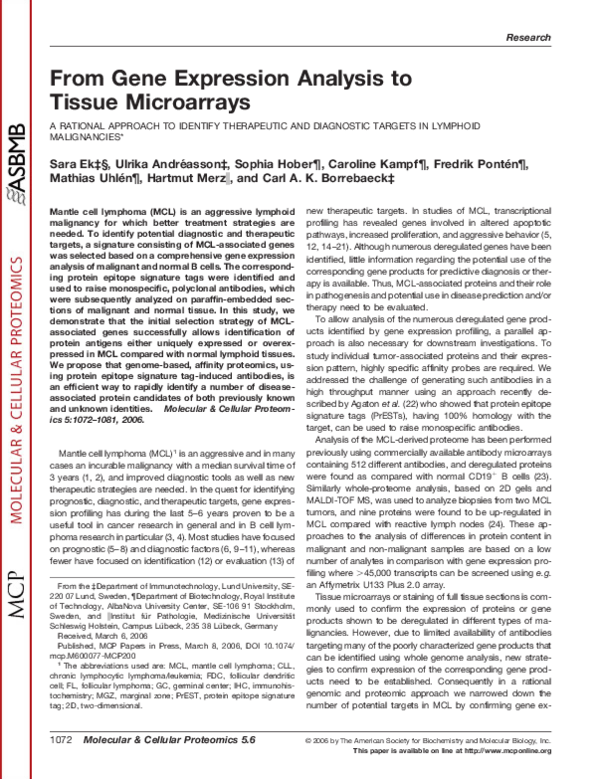 (PDF) From Gene Expression Analysis to Tissue Microarrays