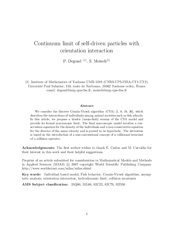 (PDF) Continuum limit of self-driven particles with orientation interaction