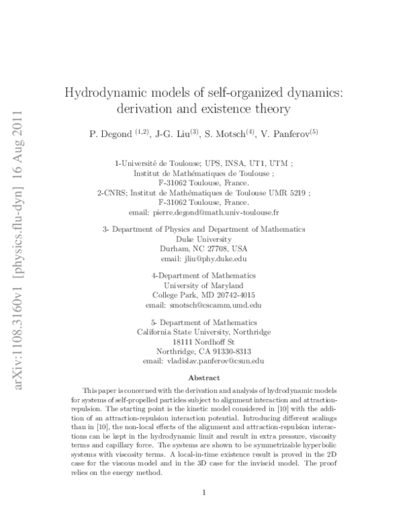(PDF) Hydrodynamic models of self-organized dynamics: derivation and existence theory