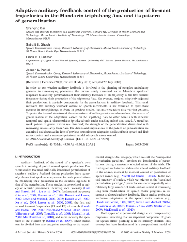 (PDF) Adaptive auditory feedback control of the production of formant trajectories in the ...