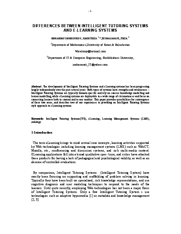 (PDF) DIFFERENCES BETWEEN INTELLIGENT TUTORING SYSTEMS AND E-LEARNING SYSTEMS