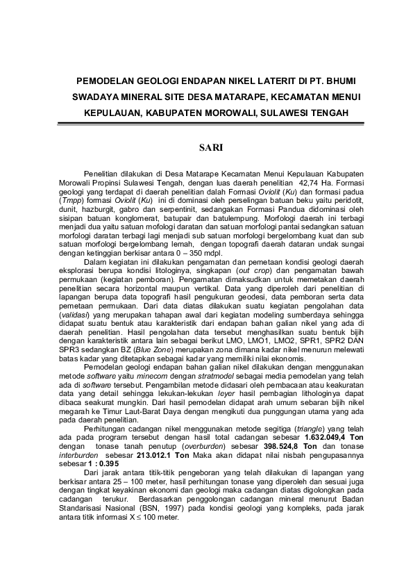 (PDF) PEMODELAN GEOLOGI ENDAPAN NIKEL LATERIT DI PT. BHUMI SWADAYA MINERAL SITE DESA MATARAPE ...