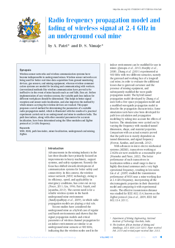 Pdf Wireless Signal Propagation In Coal Mines