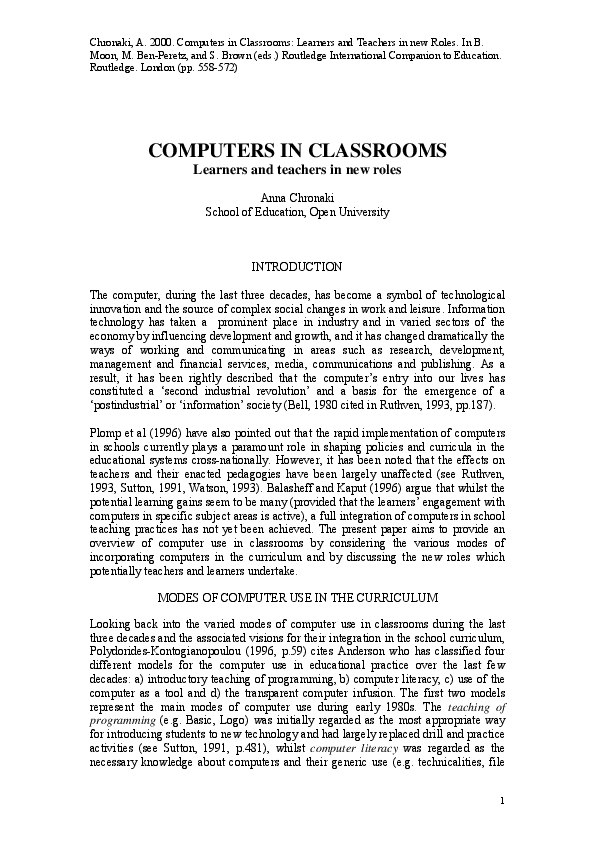 (PDF) Computers in classrooms. Learners and teachers in new roles.
