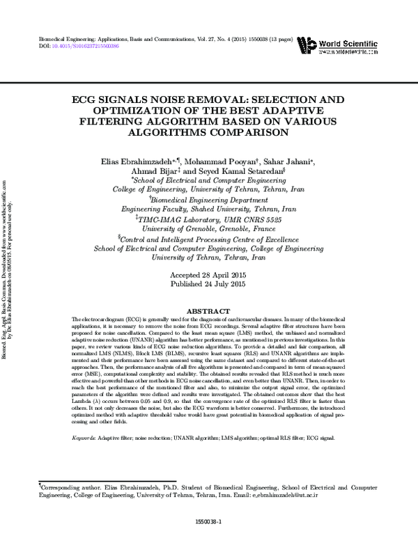 (PDF) ECG SIGNALS NOISE REMOVAL: SELECTION AND OPTIMIZATION OF THE BEST ADAPTIVE FILTERING ...