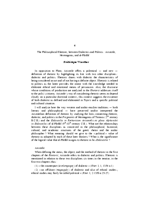 The Philosophical Rhetoric, between Dialectics and Politics: Aristotle ...