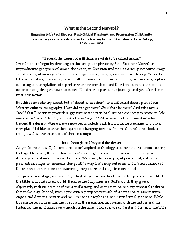 (PDF) What is the Second Naiveté? Engaging with Paul Ricoeur, Post ...