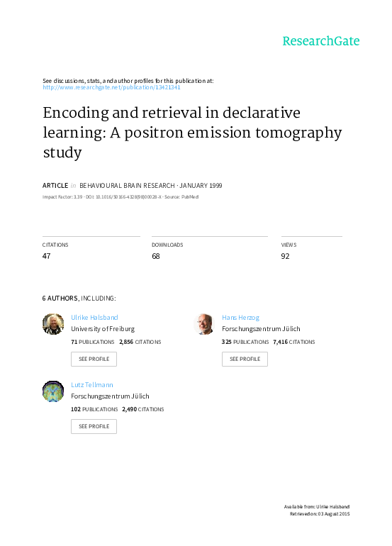 (PDF) Encoding and retrieval in declarative learning: A positron ...
