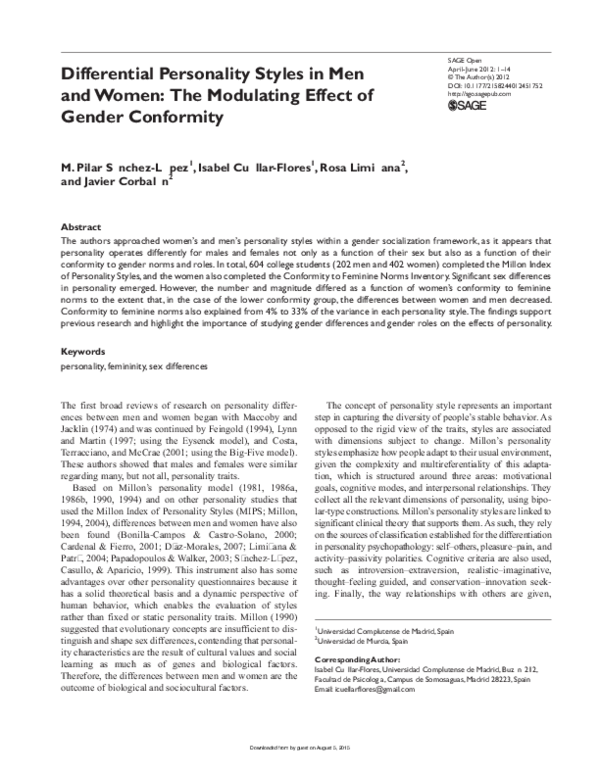 (PDF) Differential Personality Styles in Men and Women The Modulating ...