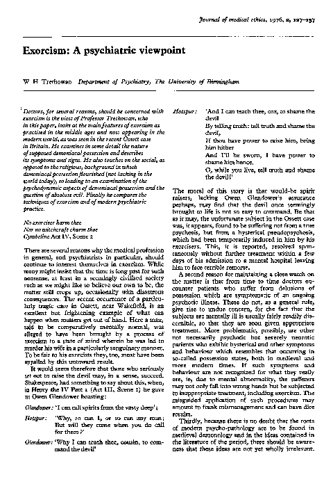 (PDF) Exorcism: A psychiatric viewpoint, journal of medical ethics ...