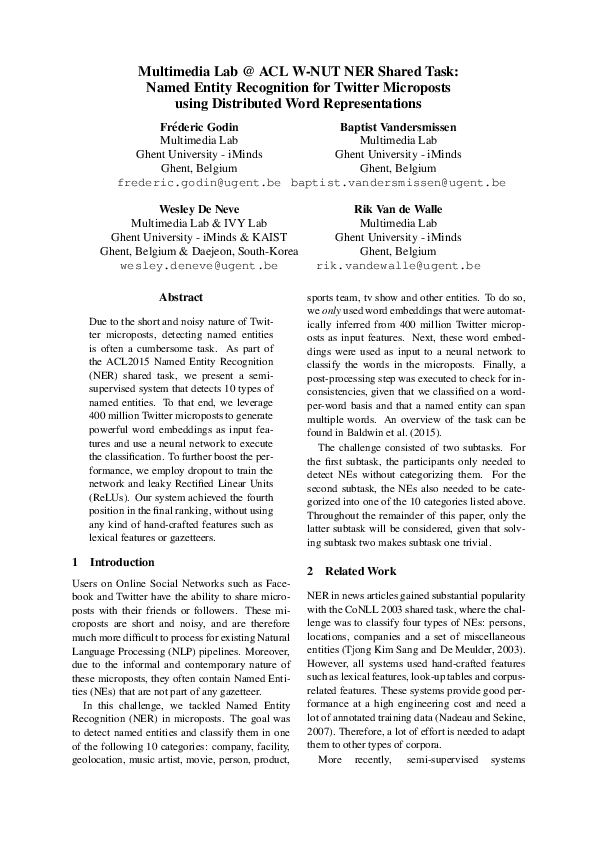 Pdf Multimedia Lab Acl W Nut Ner Shared Task Named Entity Recognition For Twitter