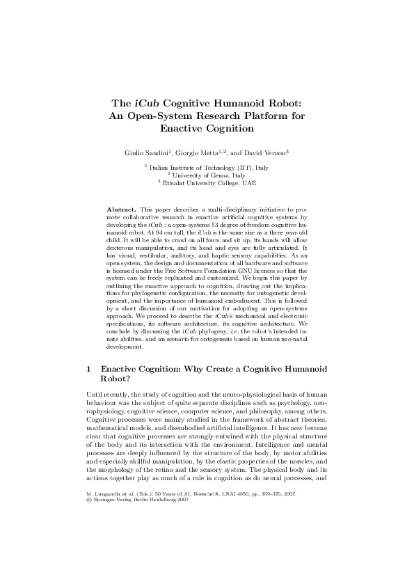 (PDF) The icub cognitive humanoid robot: An open-system research platform for enactive cognition