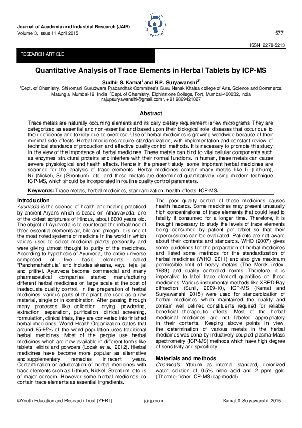 (PDF) Quantitative Analysis of Trace Elements in Herbal Tablets by ICP-MS