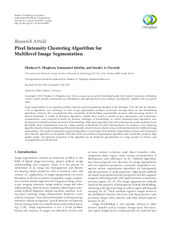 Pdf Pixel Intensity Clustering Algorithm For Multilevel Image