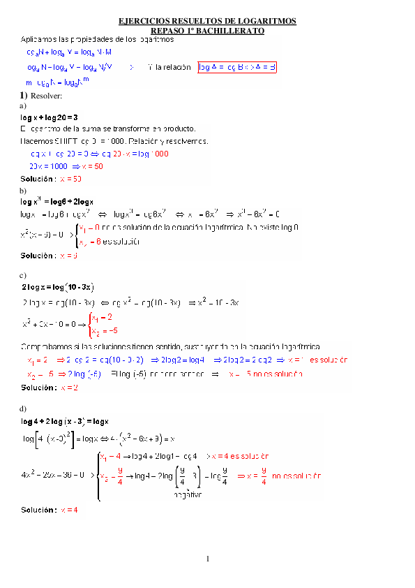 (PDF) EJERCICIOS RESUELTOS DE LOGARITMOS REPASO 1º BACHILLERATO
