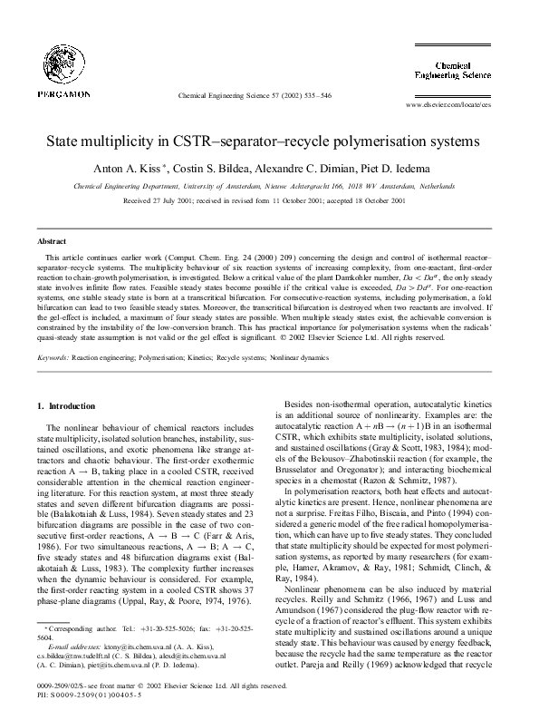 (PDF) State multiplicity in CSTR–separator–recycle polymerisation systems