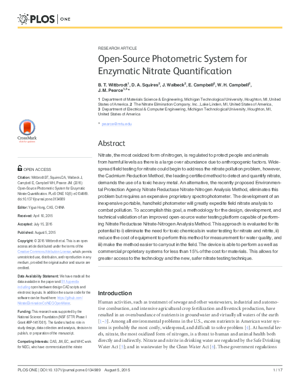 Pdf Open Source Photometric System For Enzymatic Nitrate Quantification