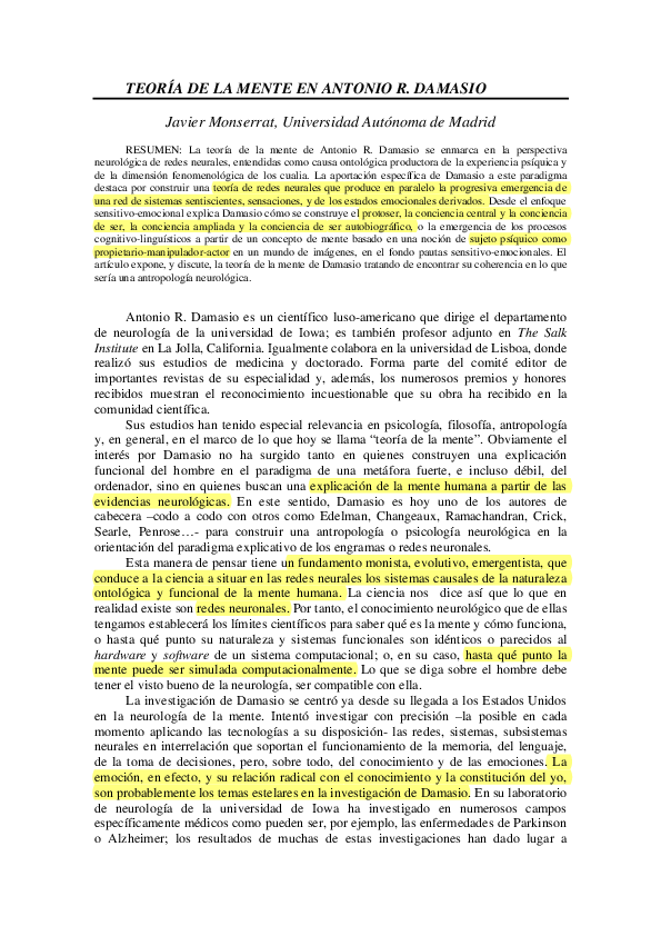 TEORÍA DE LA MENTE EN ANTONIO R. DAMASIO