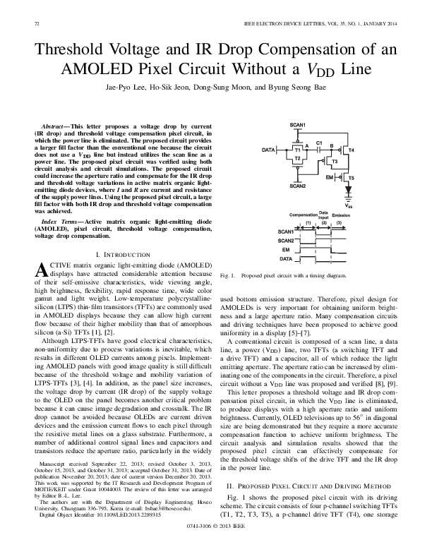 Pdf Threshold Voltage And Ir Drop Compensation Of An Amoled Pixel Circuit Without A Vdd Line