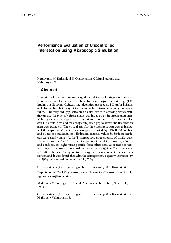 Pdf Performance Evaluation Of Uncontrolled Intersection Using Microscopic Simulation