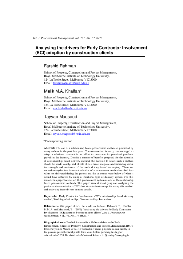 Analysing the drivers for Early Contractor Involvement (ECI) adoption ...