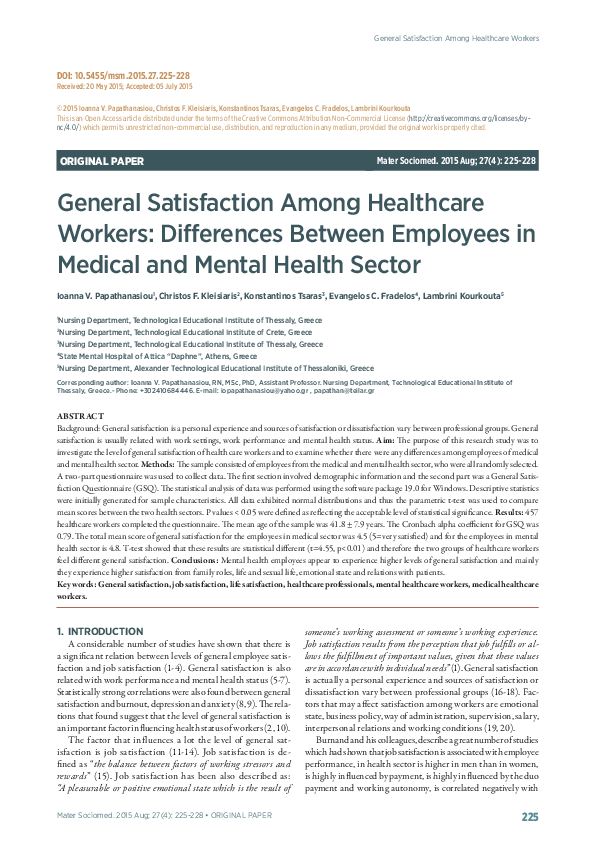 General Satisfaction Among Healthcare Workers: Differences Between ...
