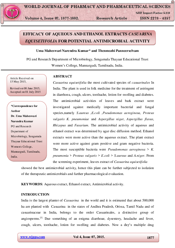 (PDF) EFFICACY OF AQUEOUS AND ETHANOL EXTRACTS CASUARINA EQUISETIFOLIA FOR POTENTIAL ...
