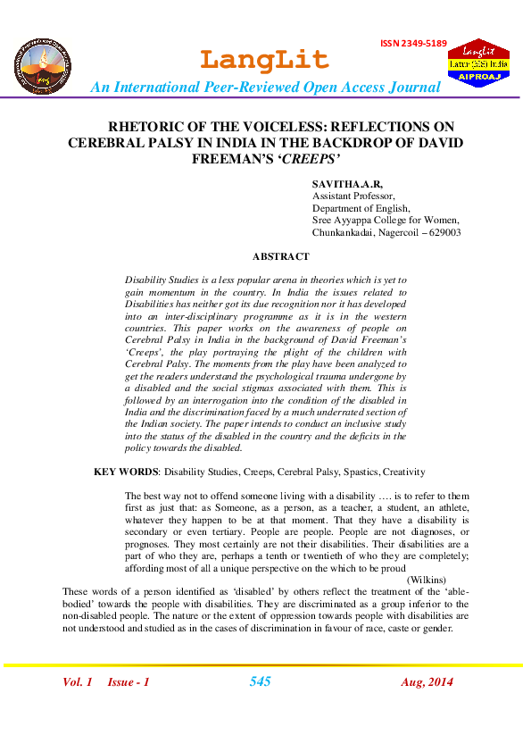 (PDF) RHETORIC OF THE VOICELESS: REFLECTIONS ON CEREBRAL PALSY IN INDIA ...