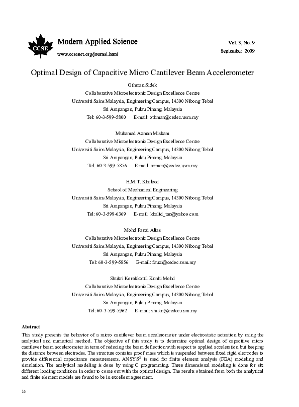 (PDF) Optimal Design of Capacitive Micro Cantilever Beam Accelerometer