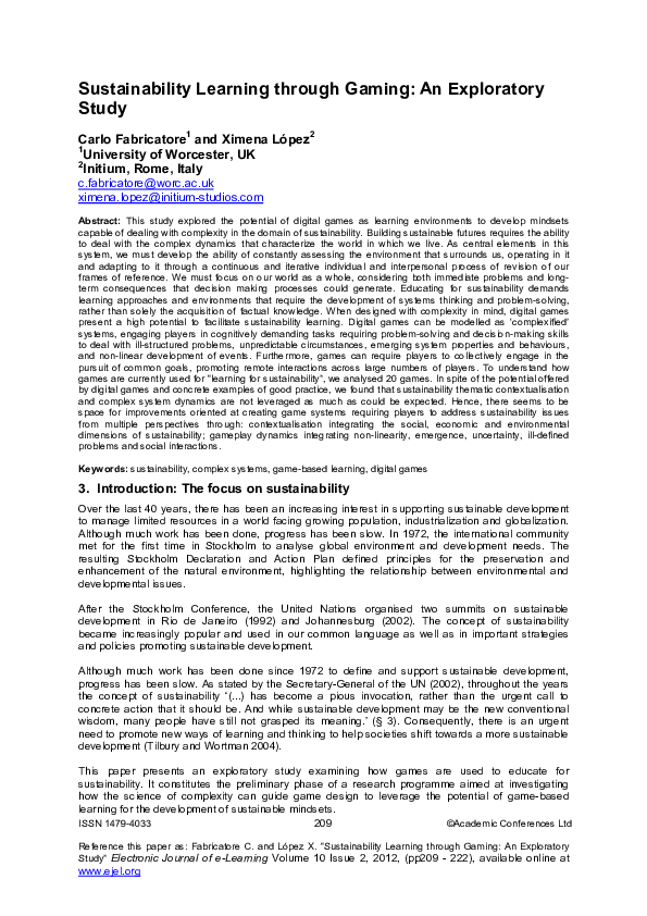 (PDF) Sustainability Learning through Gaming: An Exploratory Study
