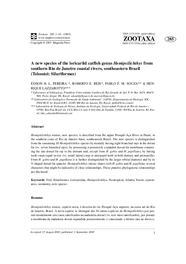 (PDF) A new species of the loricariid catfish genus Hemipsilichthys ...