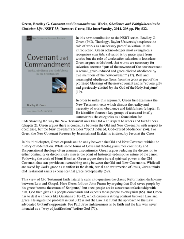 (PDF) Bradley G. Green, Covenant and Commandment: Works, Obedience and ...